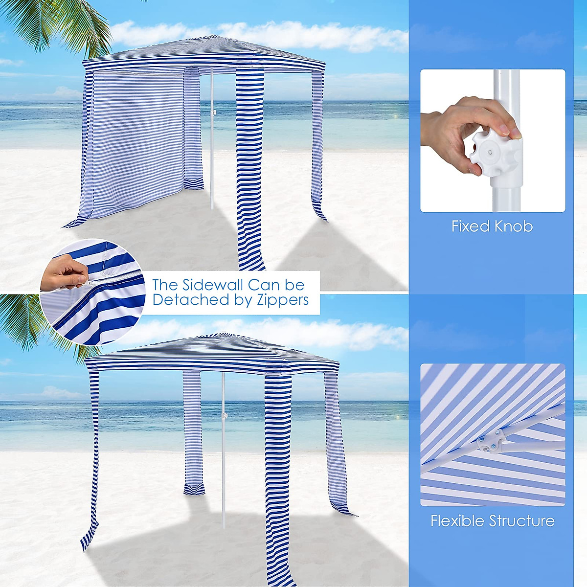 Tangkula 6.7'x6.8' Foldable Beach Cabana, Easy Set-up Portable Beach Tent with Carry Bag, Detachable Side Wall, 4 Sandbags, Wind Vent, Sun-Protection Outdoor Beach Umbrella Shelter for Family