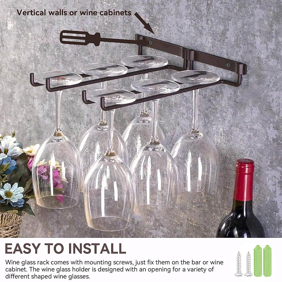 Wine Glass Rack Holder, Double Wall Mountable Stemware Storage Hanger for Kitchen or Bar