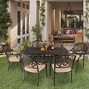 VINGLI 7 Pieces Outdoor Patio Dining Set, Cast Aluminium Patio Furniture Set with 6 Chairs and Large Table for Yard, Garden, Porch and Poolside, Bronze