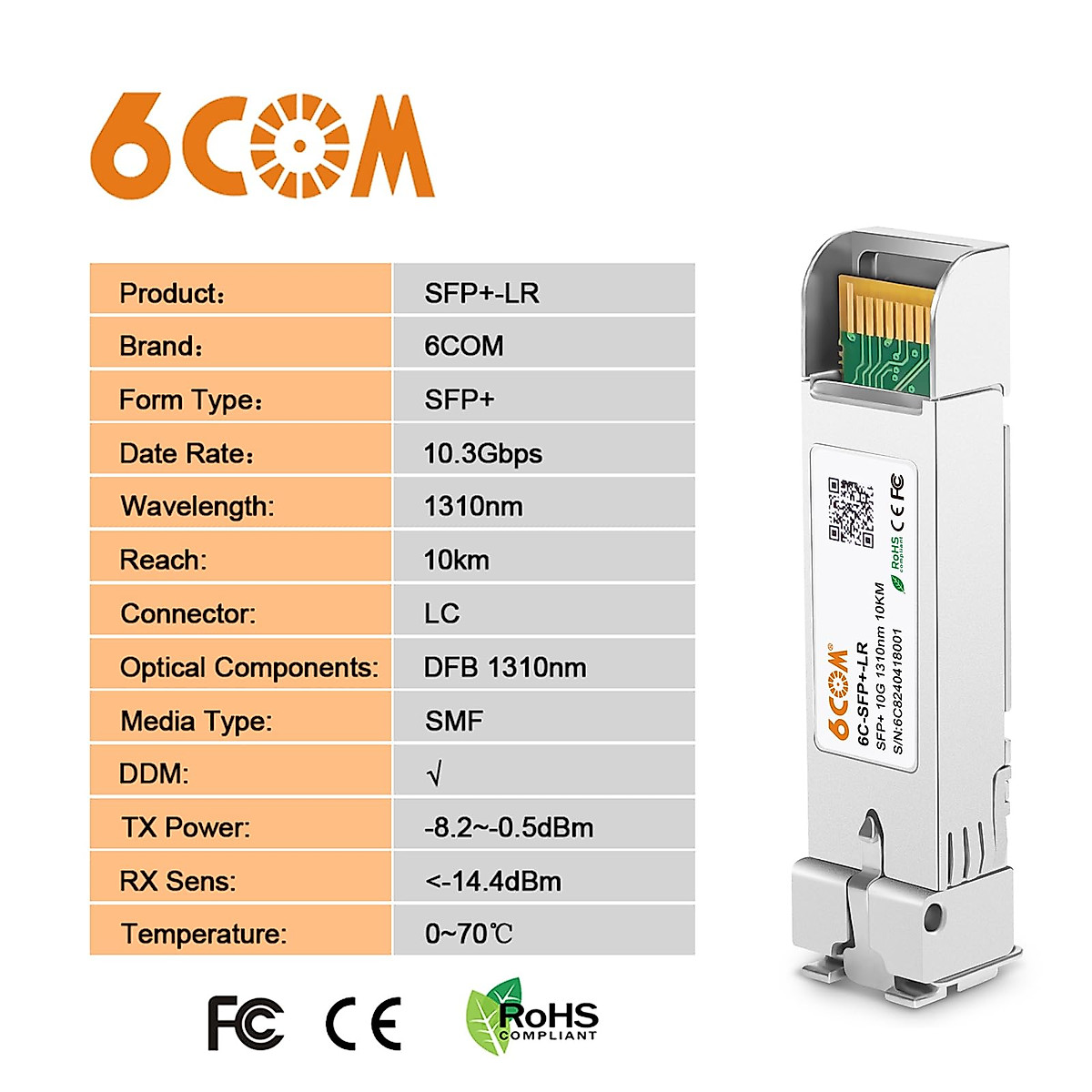10Pack 10GBase-LR SFP+ Transceiver, 10G LC Single Mode Module for Cisco SFP-10G-LR, Meraki MA-SFP-10GB-LR, Ubiquiti UF-SM-10G, Mikrotik, D-Link, Supermicro, Netgear DDM, 1310nm, 10km
