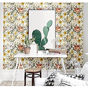 Blooming Wall Beige Multicolor Peony Daisy Peel and Stick Wallpaper Self Adhesive Wall Mural Wall Decor, 14.5 Square Ft/Roll