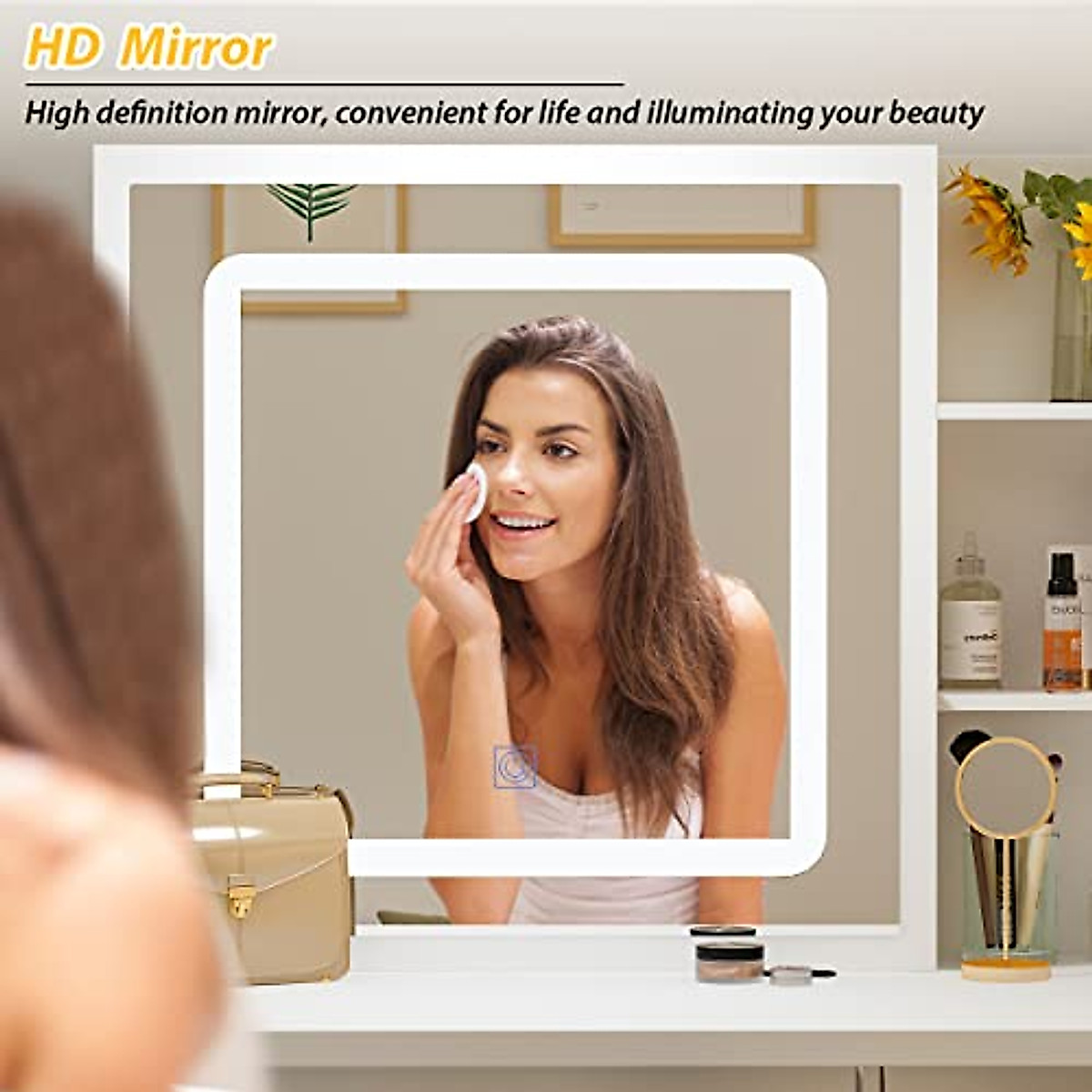 AIEGLE Large Vanity Desk Set with Sliding Lighted Mirror, Makeup Dressing Table with Hidden Shelves & Cushioned Stool, White - Sliding Lighted Mirror