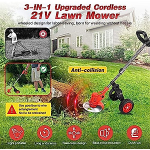 Weed Wacker Battery Operated Edger Trimmer 21V 2000mAh, Electric Weed Eater Cordless Brush Cutter, 3-in-1 Lawn Edger Grass Trimmer Adjustable Mini Lawn Mower, 8 Blades, 1 Wheel, 2 Batteries,1 Charger