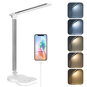 rigors Led Desk Lamp with USB Charging Port, 5 Lighting Colors & 10 Brightness Reading Lamp, Foldable Dimmable LED Desk Light, 3000-6500K, Violin Shape Lamp Desk Lamps for Home Office-White