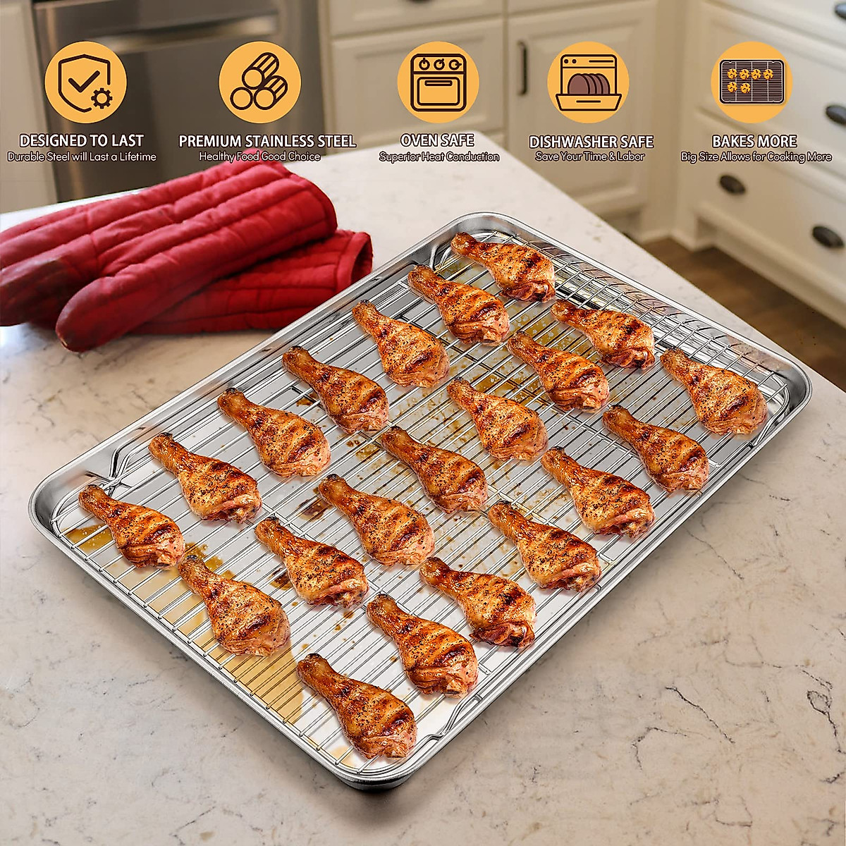 E-far Cookie Sheet with Rack Set, Half Sheet Baking Pan for Oven Cooking, 18”x13” Stainless Steel Rimmed Tray with Wire Cooling Rack for Roasting Broiling Bacon Meat Steak - Dishwasher Safe