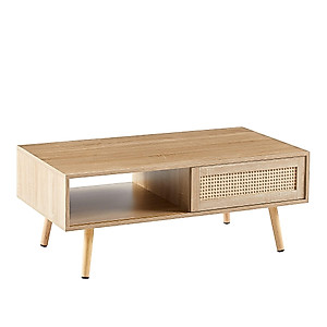 Forsho Rattan Coffee Table Mid Century Modern Coffee Table with Storage 41.3 Inch Wooden Accent Center Sofa Table with Sliding Woven Door Panel and Solid Wood Legs Perfect for Living Room
