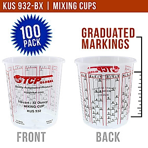 (Full Case of 100 each - Quart (32oz) PAINT MIXING CUPS) by Custom Shop - Cups are Calibrated with Multiple Mixing Ratios (1-1) (2-1) (3-1) (4-1) (8-1) BOX of 100 Cups includes 12 bonus Lids
