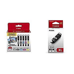 Canon CLI-251 BK/C/M/Y/GY 5 Color Value Pack Compatible to MG7520, MG5620, MG6620 & PGI-250XL High-Yield Black Ink Tank