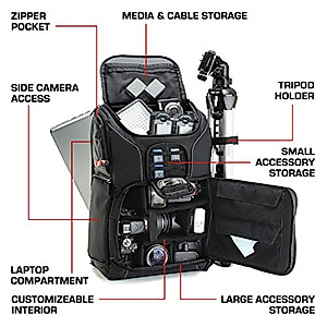 USA GEAR DSLR Camera Backpack Case - 15.6 inch Laptop Compartment, Padded Custom Dividers, Tripod Holder, Rain Cover, Long-Lasting Durability and Storage Pockets - Compatible with Many DSLRs (Black)
