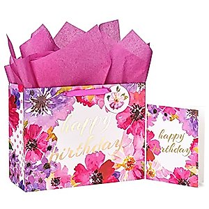 WRAPAHOLIC 13" Large Gift Bag with Card and Tissue Paper - Floral Gold Foil Happy Birthday