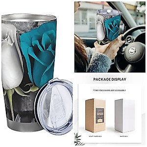 Teal Gray Rose Tumbler with Lid and Straw 20oz Stainless Steel Car Cup for Hot and Cold Drinks, Double Wall Insulated Travel Coffee Mug Reusable Drink Thermos Cup Birthday Gifts
