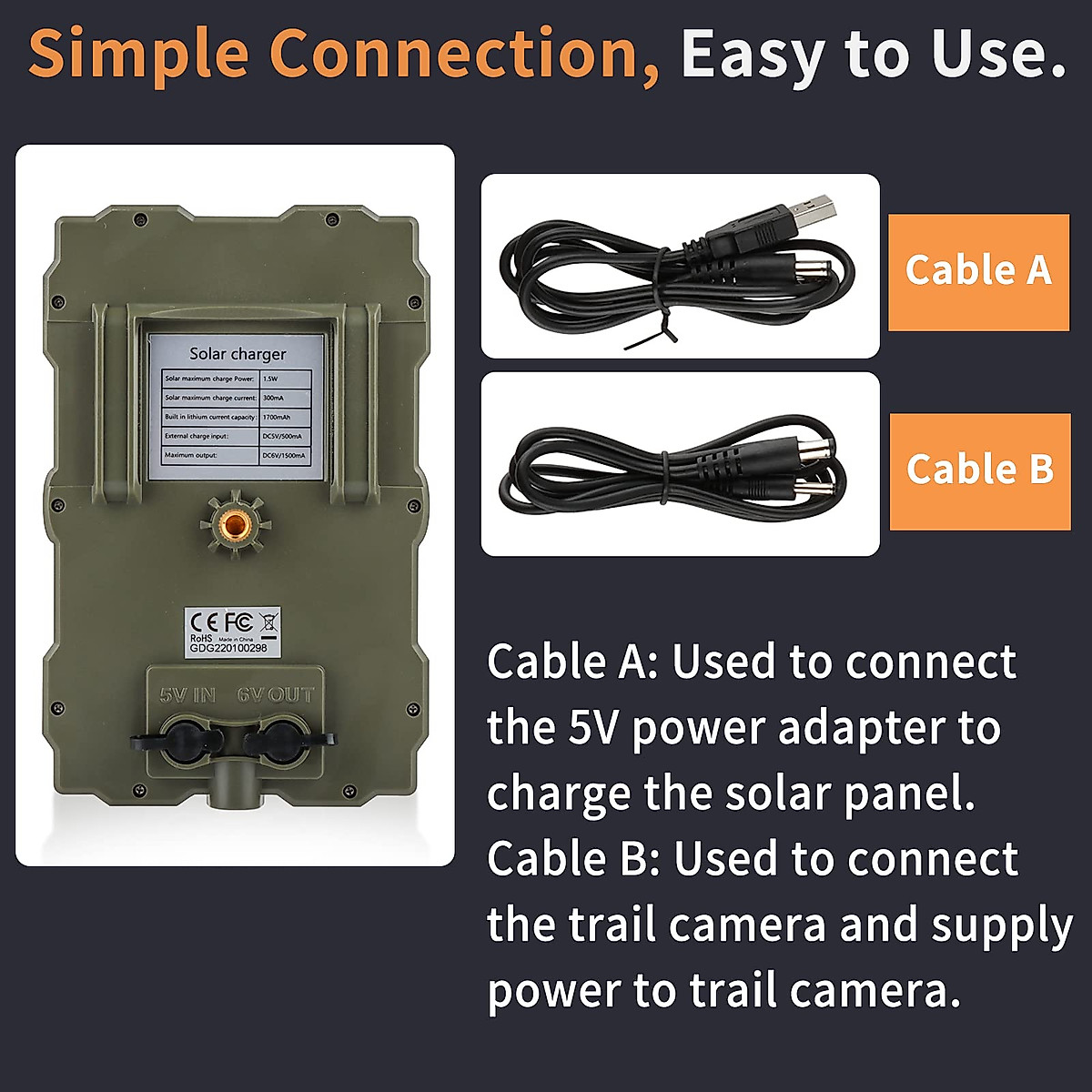 FOCUHUNER Trail Camera Solar Panel, Solar Battery Charger Kit 6V/1.5A with Build-in 1700mAH Rechargeable Lithium Battery IP66 Waterproof Hunting Accessory, Solar Panel for Trail Camera(3.5MM*1.35MM)