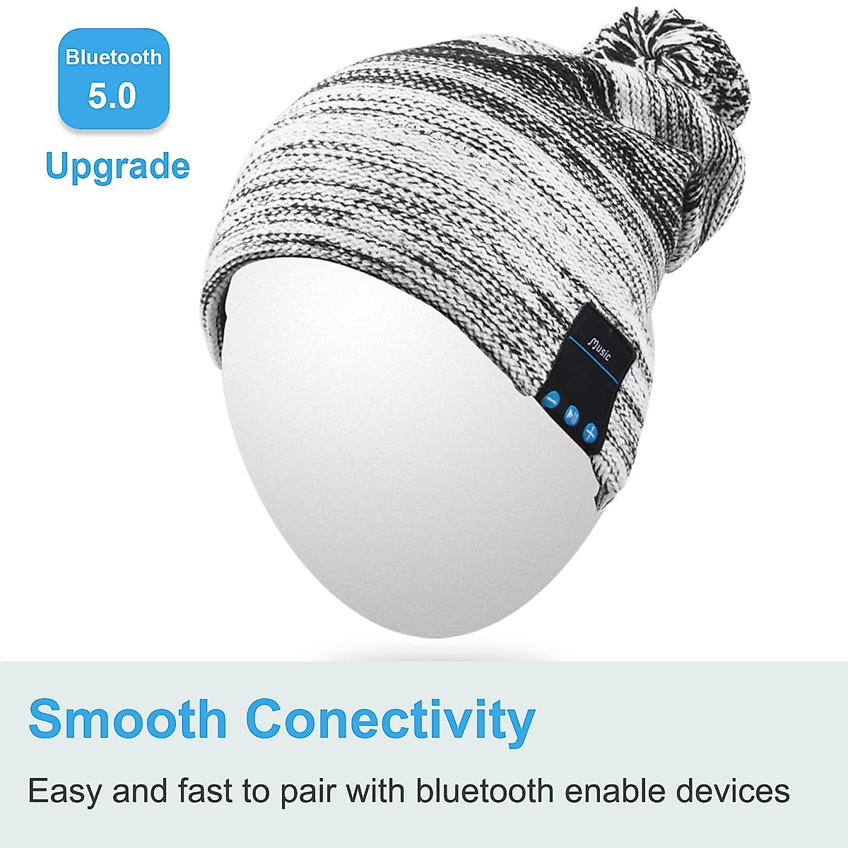 Rotibox Wireless Bluetooth Beanie Hat Pom Pom Headphone Headset Music Audio Cap for Women Men with Speaker & Mic Hand-Free Outdoor Sports Present Compatible with iPhone Samsung Cell Phones, Black