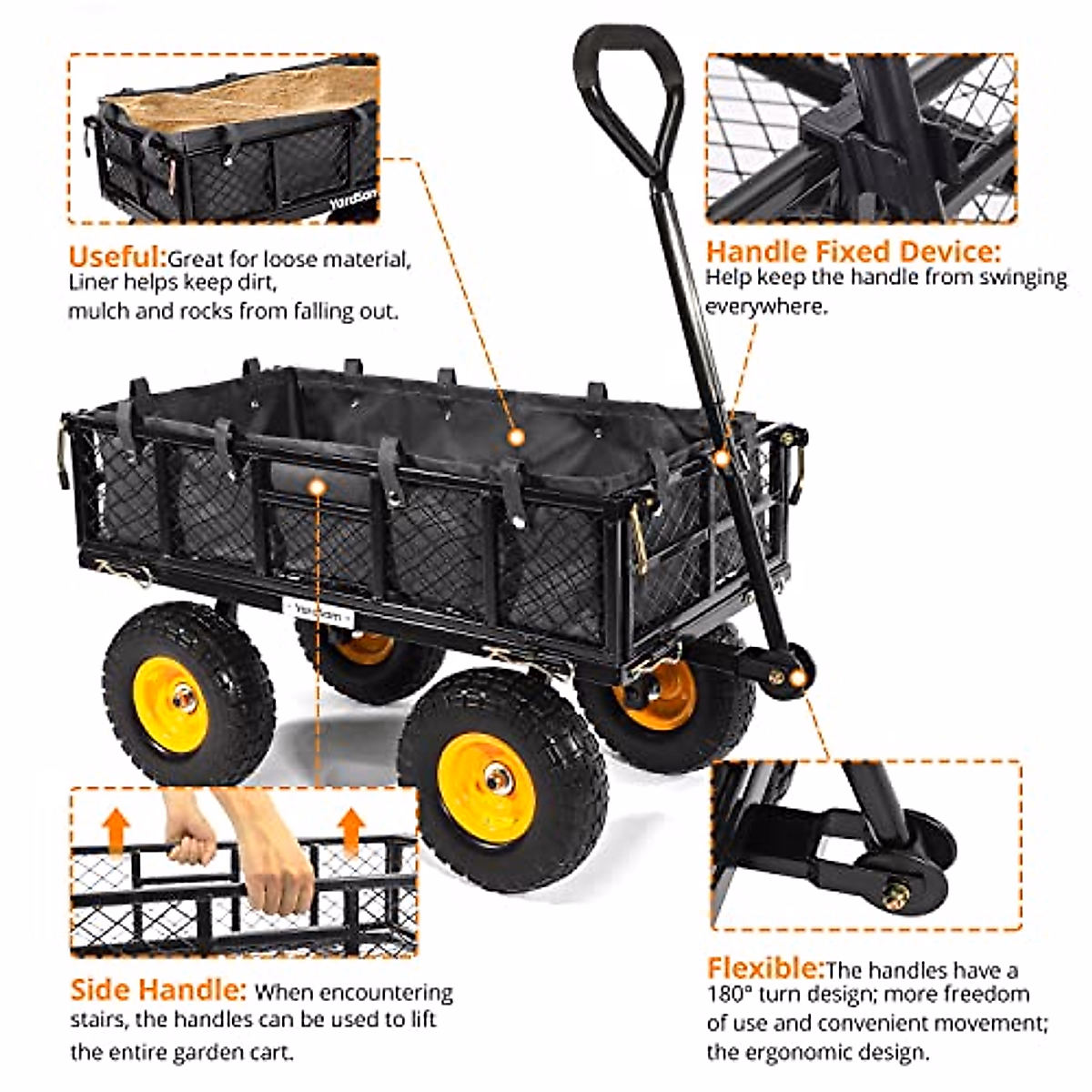 Yardsam Heavy Duty Steel Garden Cart with No-Flat Tires and Liner, 400Lb Capacity Lawn Yard Wagon with Flat-Free Tire Solid Wheels and Removable Sides for Outdoor, Gardening, Farm, Ranch - Black