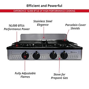 Koblenz PSK-400S 4 Portable Porcelain Cover and Four 16,000 BTU Burners, Stainless Steel Stove for Propane Gas, Silver