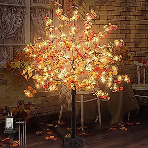 Agusbagli 4FT 140LED Lighted Fall Eucalyptus Tree Thanksgiving Fall Decorations with Timer & 8 Modes Artificial Fall Trees with Lights & 336 Leaves Fall Light Up Tree Harvest Indoor Outdoor Fall Decor
