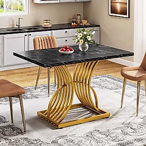DWVO Modern Dining Table for 4 People 47 Inch Rectangular Kitchen Table with Faux Marble Tabletop and Gold Geometric Legs Small Dinner Table Kitchen & Dining Room Furniture Black & Gold
