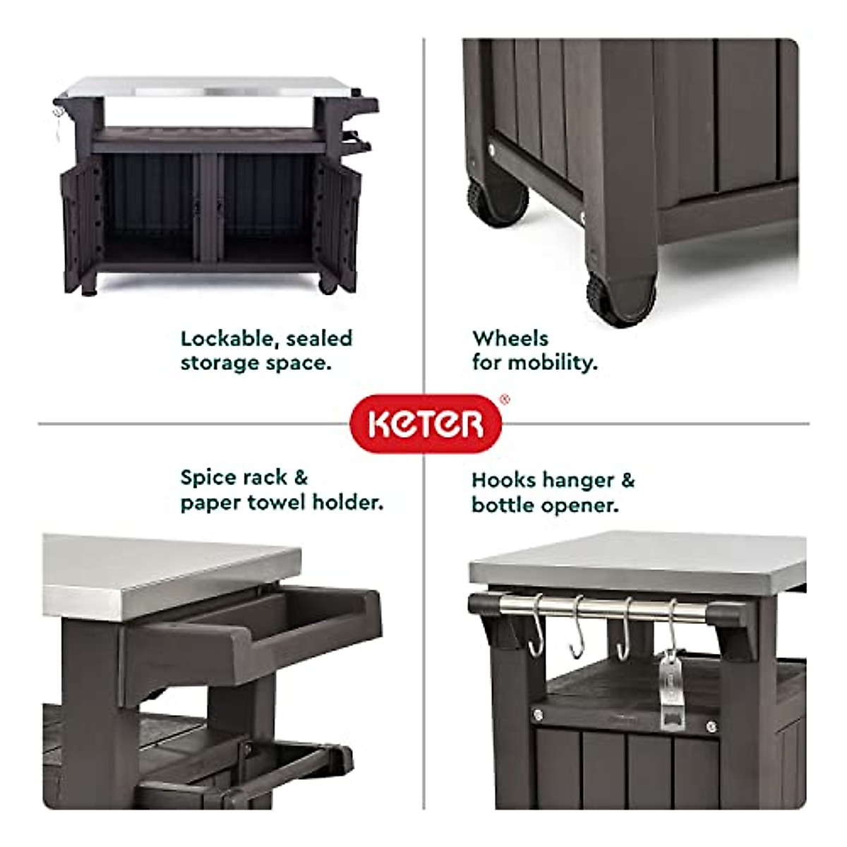 Keter Unity XL Portable Outdoor Table and Storage Cabinet w/ Accessory Hooks, Stainless Steel Top for Patio Kitchen Island or Bar Cart, Espresso Brown