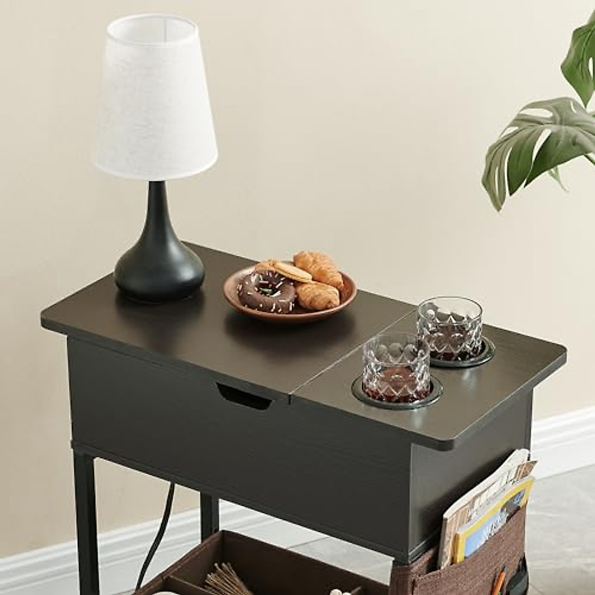 Lovitgo End Table with Power Outlet, Small Side Table with USB Ports & Fast Charging, Flip Top Nightstand with 2 Cup Holders & Fabric Drawer, Fabric Bag for Small Spaces,Living Room,Bedroom