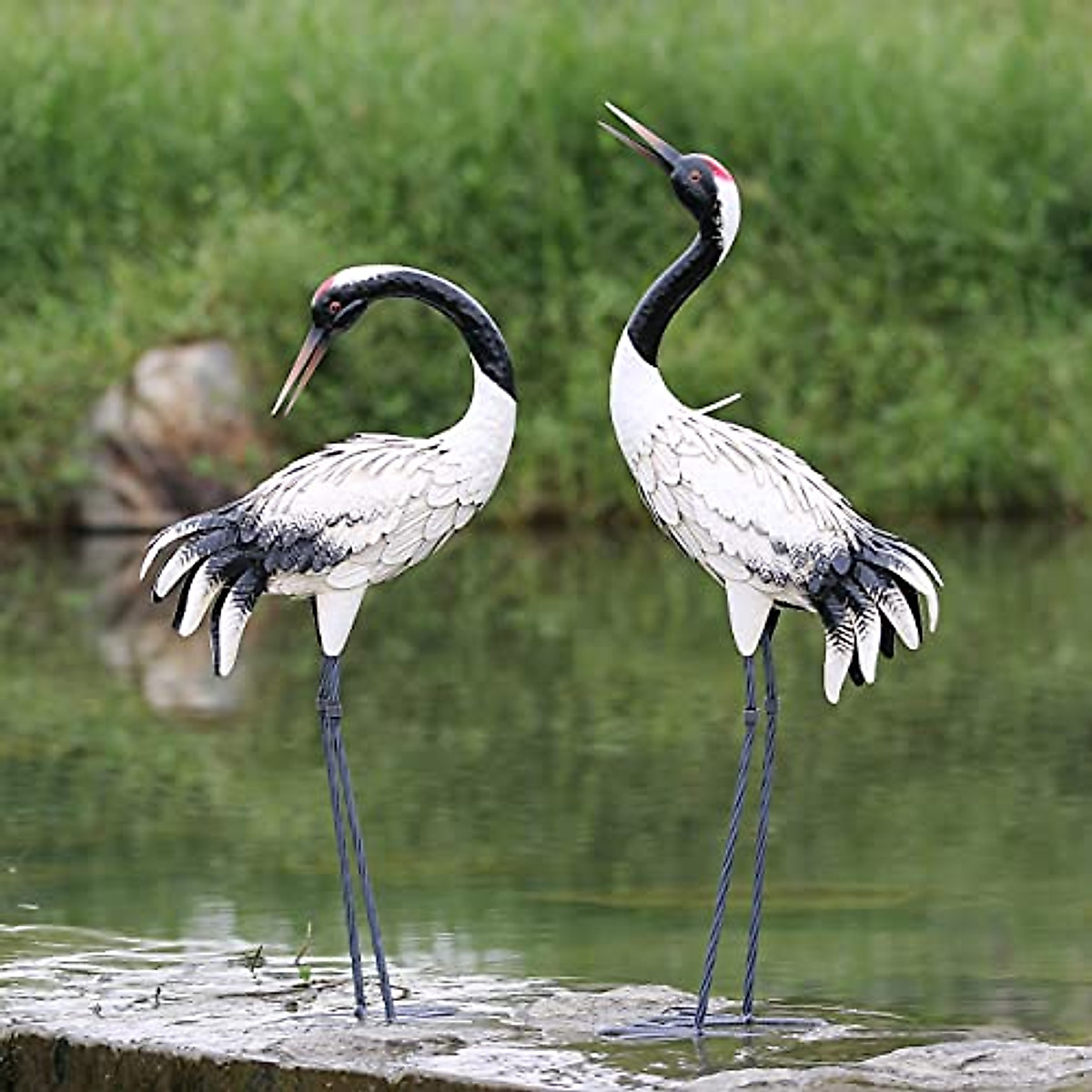 chisheen Garden Crane Statues Outdoor Heron Red Crowned Crane Metal Yard Art Sculpture,Set of 2