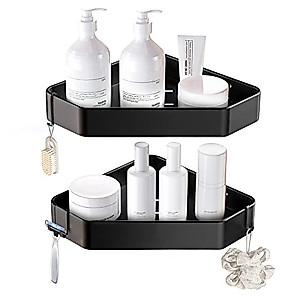 Corner Shower Caddy Organizer, 2 Pack Shower Shelves for Inside Shower, Adhesive Bathroom Wall Shower Organizer Accessories, Space Aluminum Corner Shower Shelf with 4 Hooks