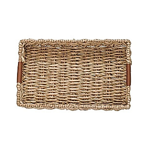 Large Decorative Rattan Woven Serving Tray + Leather Handles 20''x12’,Rectangle Wicker Centerpiece,Boho Kitchen + Home Decor Basket,Coffee Table Organizer,Summit Living,All Occasions Tan