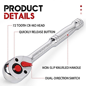 UYECOVE 1/4 Inch Drive Ratchet Wrench, 1/4 Ratchet, Socket Wrench, 72-Tooth Quick-release Reversible Cr-Mo Head, Chrome Steel Made - 5.9''15cm
