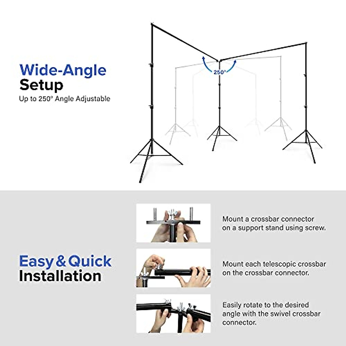Julius Studio 20 feet Max Crossbar, 250° Rotatable Angle, Double Wide Telescopic Backdrop Stands, Background Support System with 6 Spring Clamps and 3 Counter Weight Sand Bags, JSAG794