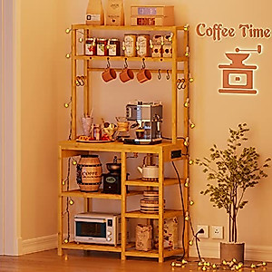FORABAMB Bakers Rack with Power Outlets, 8-Tier Microwave Stand, Kitchen Utility Storage Shelf 10 S-Shaped Hooks, Coffee Bar Table Station, Standing Rack, 31.5 x 15.7 x 65 Inches, Bamboo
