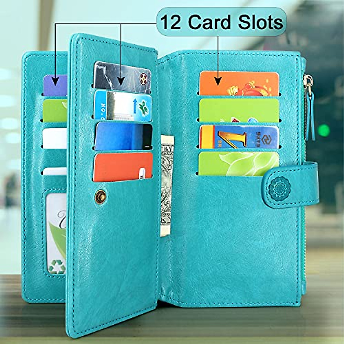 Harryshell Detachable Magnetic Zipper Wallet Leather Case with Cash Coin Pocket 12 Card Slots Holder Wrist Strap Lanyard for Motorola Moto G Pure/Moto G Power 2022 Flower (Blue Green)