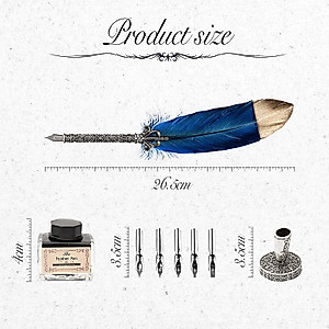 Quill Pen, Handmade Quill Feather Pen Set Antique Calligraphy Writing Quill Pen with Ink, Feather Pen with Ink and Steel Tips Calligraphy Set Quill Pen,6 Replacement Nibs/Contains ink（Navy Blue）1