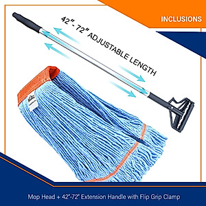 Nine Forty Industrial and Commercial-Grade Looped End Wet Mop - String Mop with 42”-72” Adjustable Aluminum Handle Length - Flip Grip Clamp - for Optimal Absorption and Durability - Blue