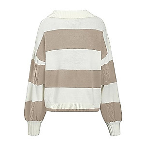 ZAFUL Women 2023 Striped V Neck Long Sleeve Sweater Fall Lapel Collar Ribbed Knit Loose Pullover Sweater Jumper Top Brown