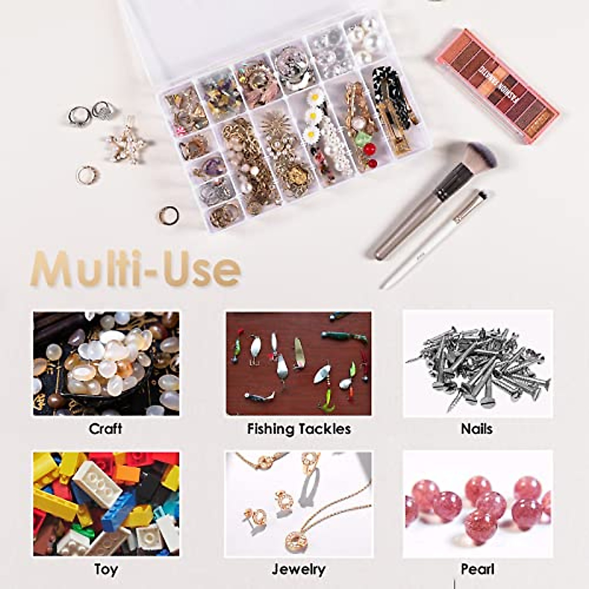 QUEFE 5 Pack 36 Grids Clear Plastic Organizer Storage Box Container, Craft Storage with Adjustable Dividers for Beads, Art DIY, Crafts, Jewelry, Fishing Tackle with Label Stickers