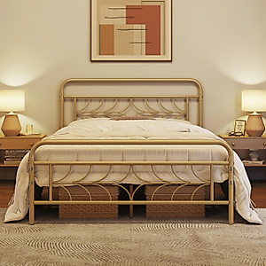 Topeakmart Queen Metal Platform Bed with Sparkling Star-Inspired Design Headboard and 13 Inch Underbed Storage, Antique Gold