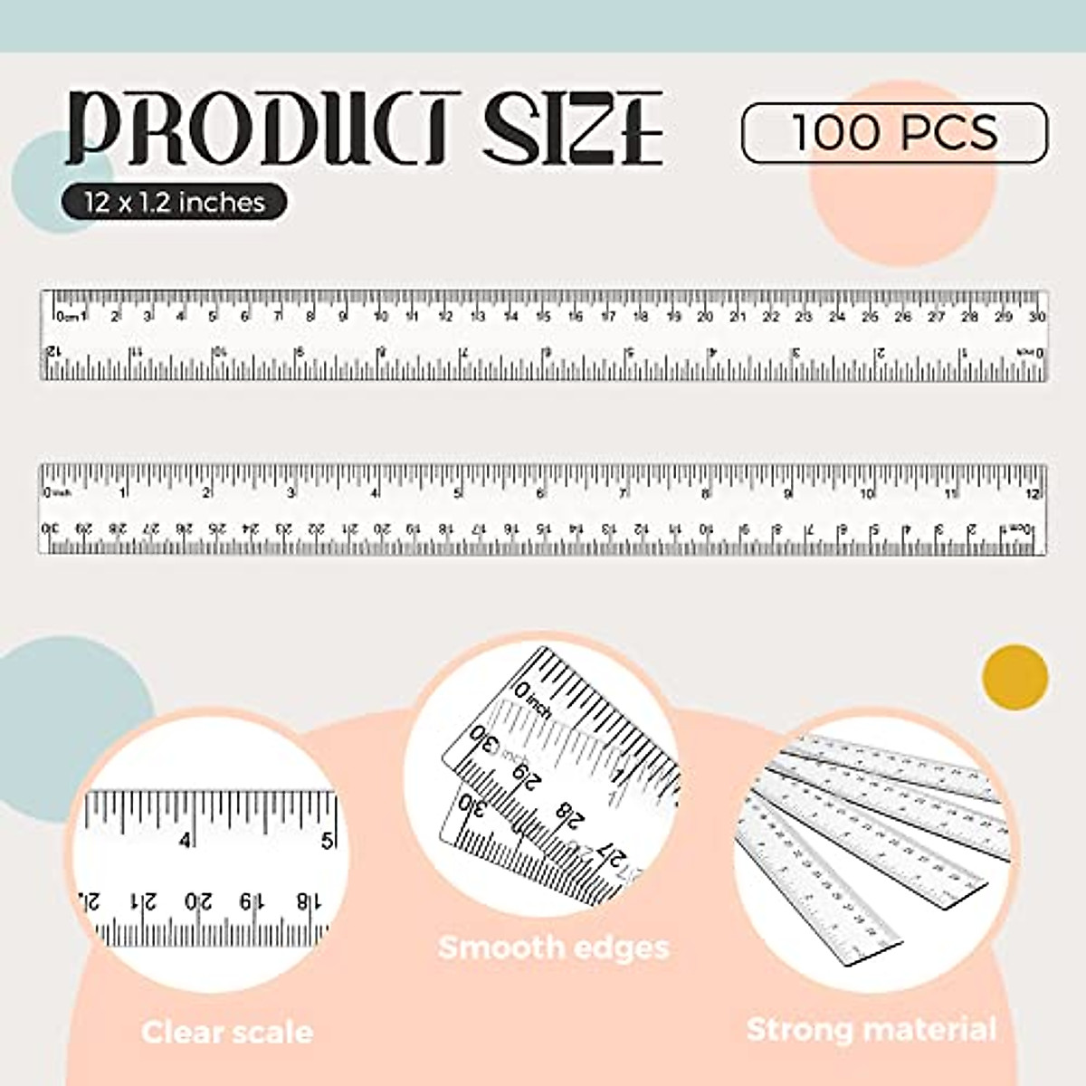 100 Pcs 12 Inch Clear Rulers Plastic Ruler Straight Ruler with Inches and Metric Transparent Ruler Bulk Measuring for Student Kids Classroom School Office Home