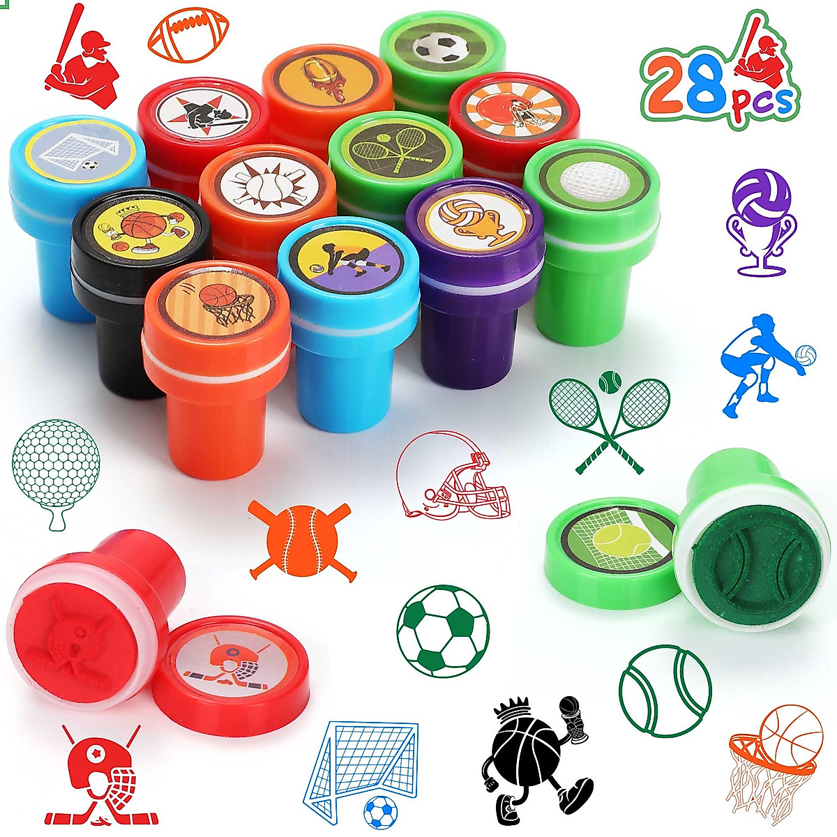 28Pcs Assorted Balls Stamps for Kids, Self Inking Football Basketball Rugby Golf Stampers for Party Favors Goody Bag Stuffers Classroom Club Rewards Party Treat Birthday Party(Ball Sports Style)
