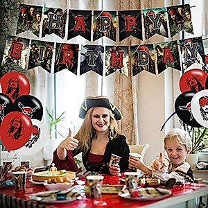 Pirates of the Caribbean Party Decorations,Birthday Party Supplies For Depp Pirate Hat Party Supplies Includes Banner - 12 Cake Toppers - 18 Balloons - 50 Pirates Stickers
