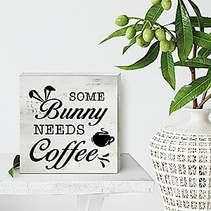 Some Bunny Needs Coffee Wood Box Sign Home Decor Rustic Easter Bunny Wooden Box Sign Block Plaque for Wall Tabletop Desk Home Kitchen Decoration
