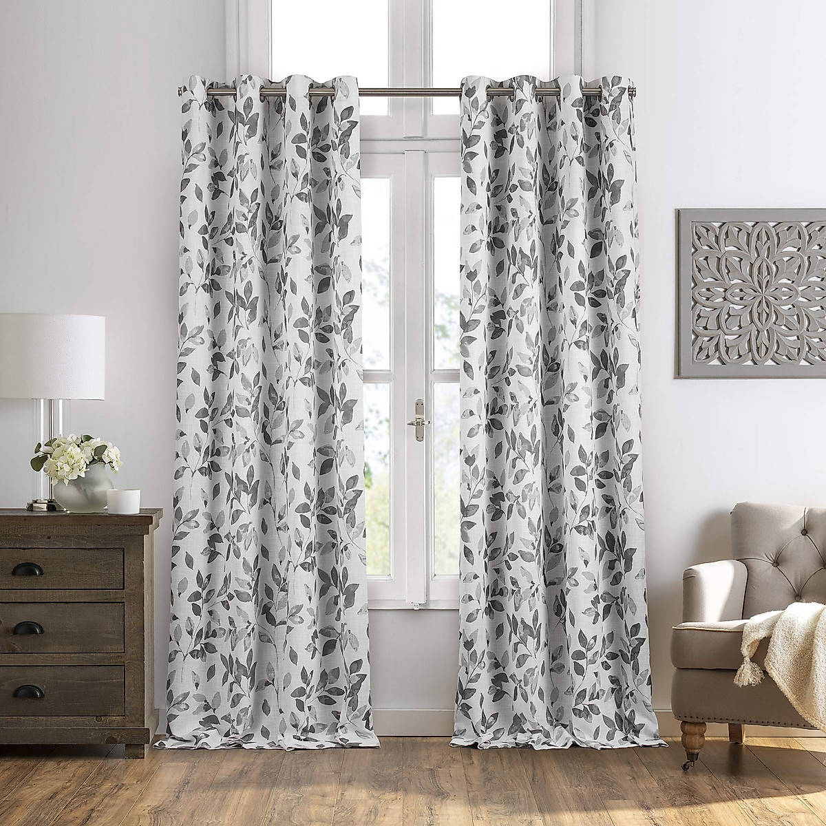 Elrene Home Fashions Avalon Modern Cottage Nature-Inspired Botanical Floral Leaf Print Blackout Linen Blend Window Curtain, 52 in x 84 in (1 Panel), Grey