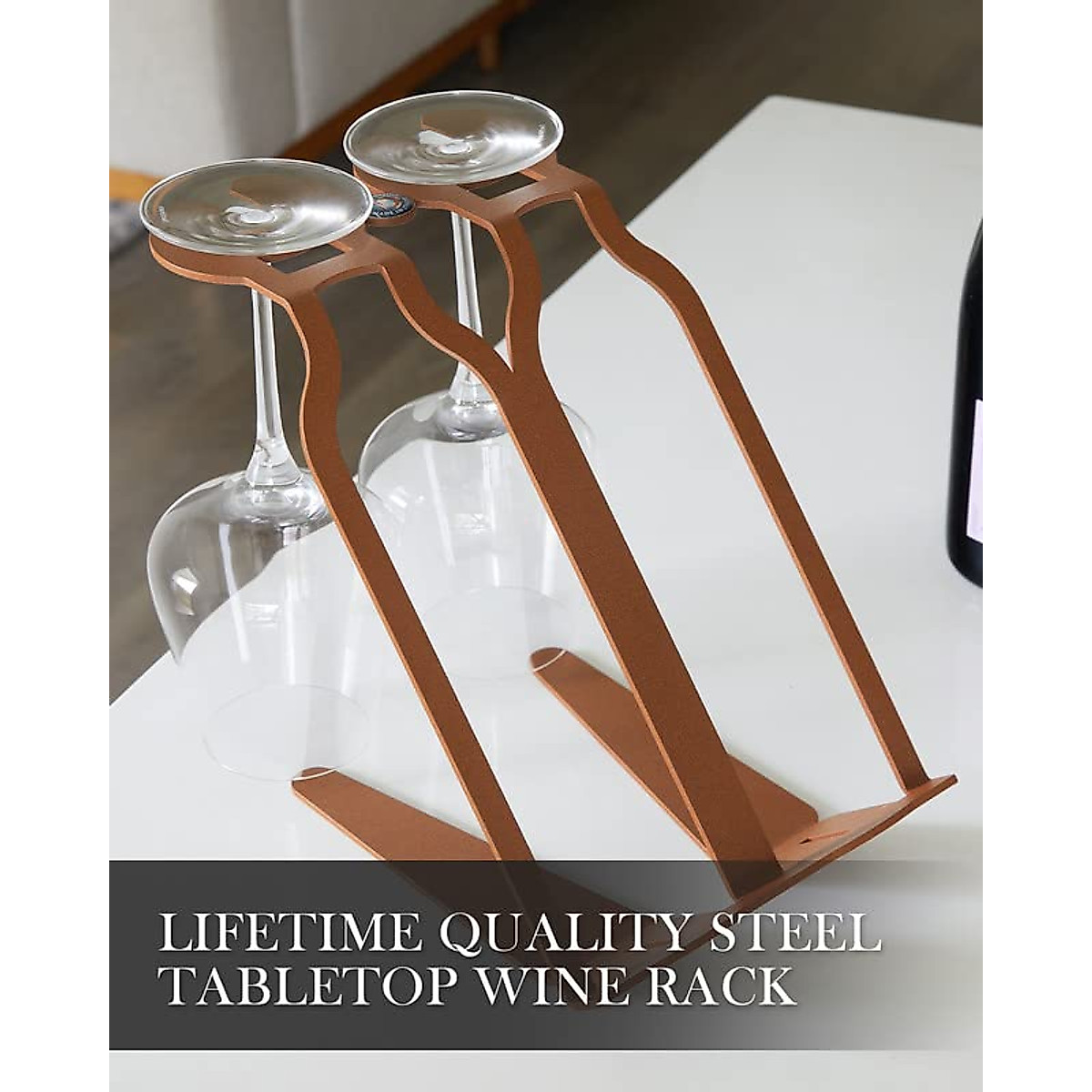 di prima usa Countertop Wine Rack Metal Wine Rack for Table – Small Wine Rack for Tabletop Décor – Wine Rack Holder for 2 Glasses & 2 Bottles - Corten/Chestnut