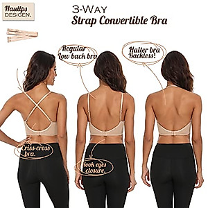 Haullps Deep Plunge Push Up Bra for Women Low back Bra Wire Lifting Bra with Multiway Convertible Straps Nude
