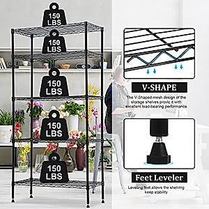 Storage Metal Shelf, 5 Tier Heavy Duty Shelves, Organizer Metal Wire Rack, NSF Wire Shelving Unit, Durable Shelving for Garage Pantry Closet Kitchen Office Laundry, 14"D x 24"W x 60"H, 750 Lbs(Black)