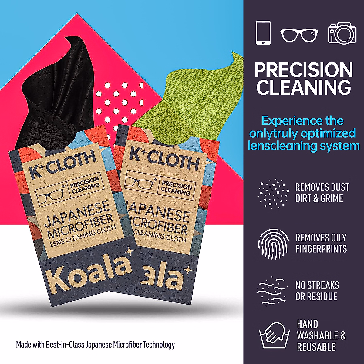Koala Lens Cleaning Cloth | Japanese Microfiber | Glasses Cleaning Cloths | Eyeglass Lens Cleaner | Eyeglasses, Camera Lens, VR/AR Headset, and Screen Cleaning | Black & Green (Pack of 3)