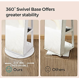 SONGMICS 6 LEDs Lockable Mirror Jewelry Cabinet, 360° Swivel Jewelry Organizer, Standing Jewelry Armoire, Frameless Full-Length Mirror, 3 Storage Shelves,Christmas Gifts, White Surface,