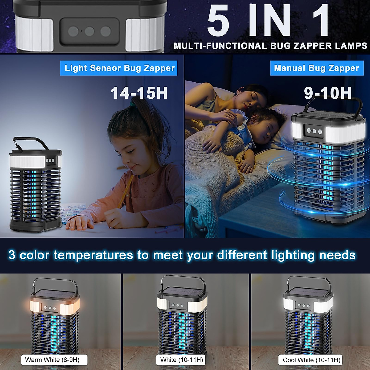 Solar Bug Zapper Outdoor Waterproof, Mosquito Zapper 2 in 1 Portable & Rechargeable Pest Control with 4000mAh Battery & LED Night Light, 4200V Electric Fly Zapper for Home, Patio, Backyard (Black)