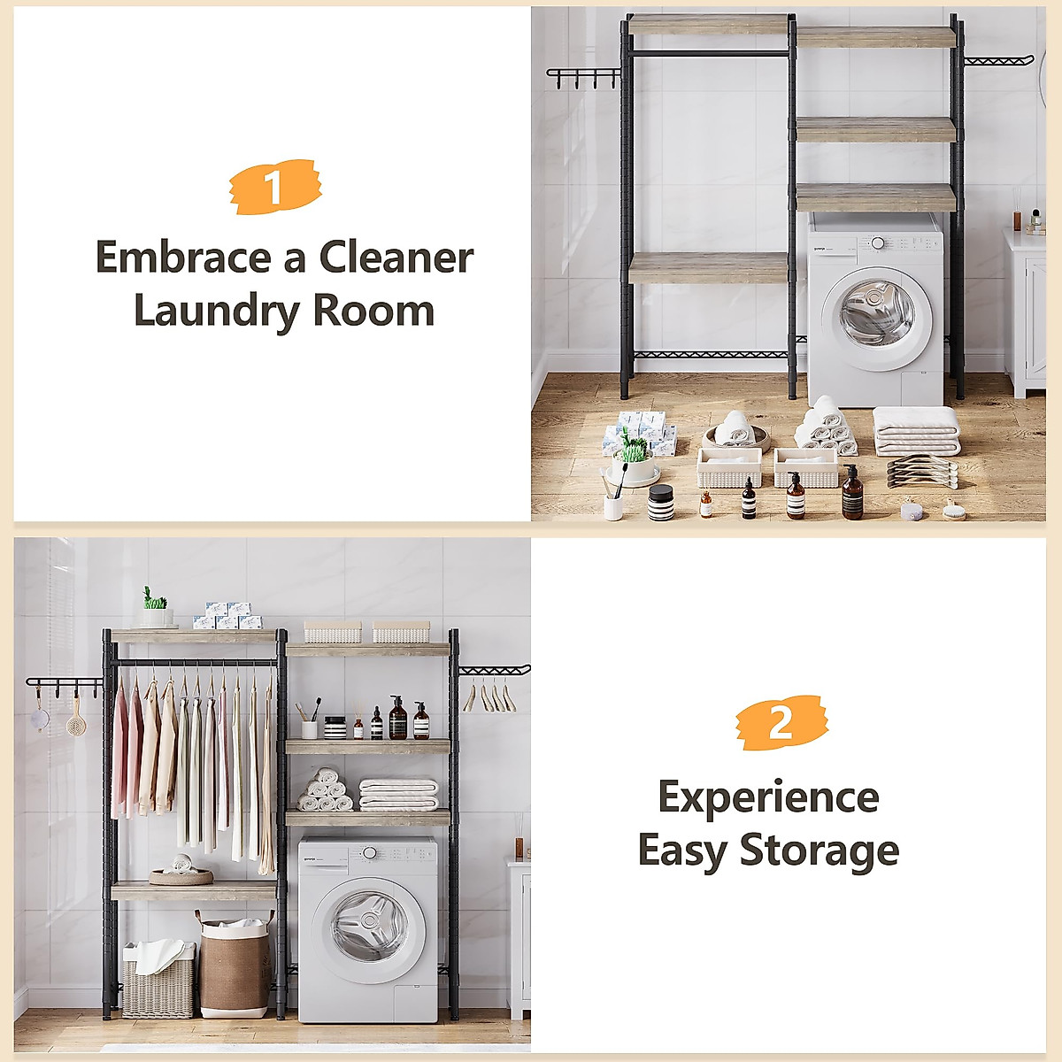 5-Tier Wood Over The Washer and Dryer Storage Shelf- Laundry Room Organization Space Saving Laundry Drying Clothes Racks Heavy Duty Adjustable Height Bathroom Shelf for Home Decor 61"*11.81"*74.02"H