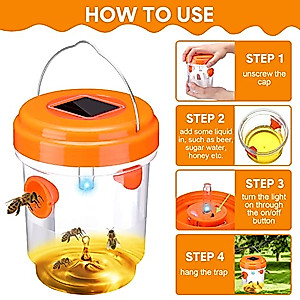 Kittmip Wasp Trap Solar Powered Bee Trap Reusable Fly Traps Outdoor Hanging Wasp Killer with UV LED Light Flying Insects Bee Killer for Indoor Outdoor Patio Garden Home (Orange, 12 Packs)