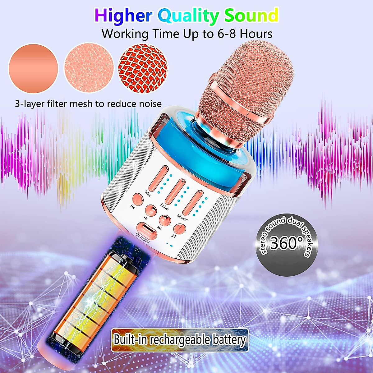 Verkstar Karaoke Microphone, Handheld Bluetooth Wireless Karaoke Microphones for Adults Kids Portable Singing Speaker Mic with Colorful LED Lights for Christmas Birthday Gifts