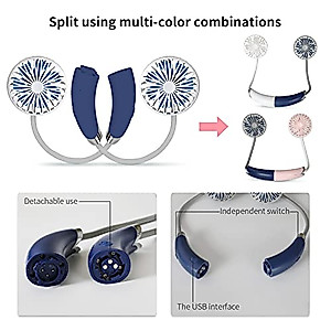HUIQIMEI Portable Neck Fan Rechargeable Cooling Neck Fan Detachable Electric Personal Fans Independent Switch Control Long Battery Life for Travel Office Household Outdoor Sports (Blue)